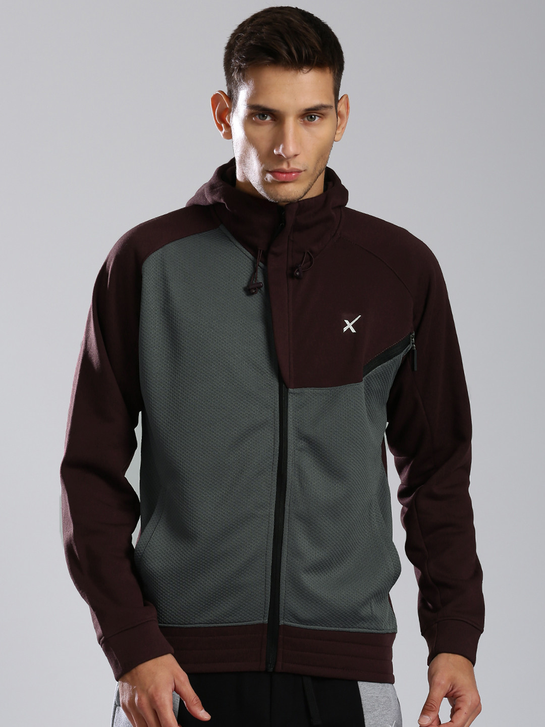 Buy HRX By Hrithik Roshan Burgundy & Grey Colourblocked Hooded Jacket ...