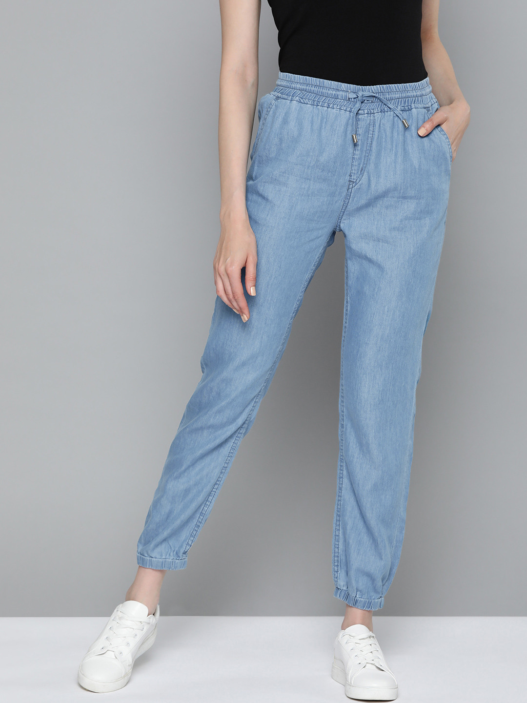 Buy Chemistry Women Blue Mid Rise Washed Denim Joggers - Trousers for ...