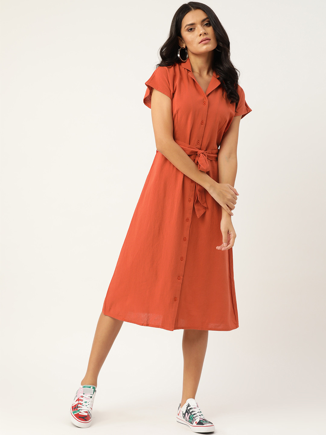 Buy MANGO Women Rust Orange Pure Cotton Solid Shirt Dress With Belt ...
