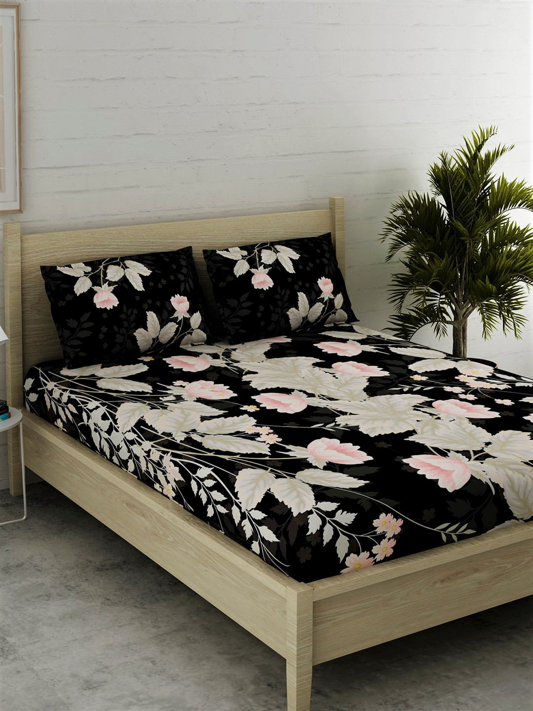 Buy EverHOME Black Floral 180 TC Cotton 1 King Bedsheet With 2 Pillow ...