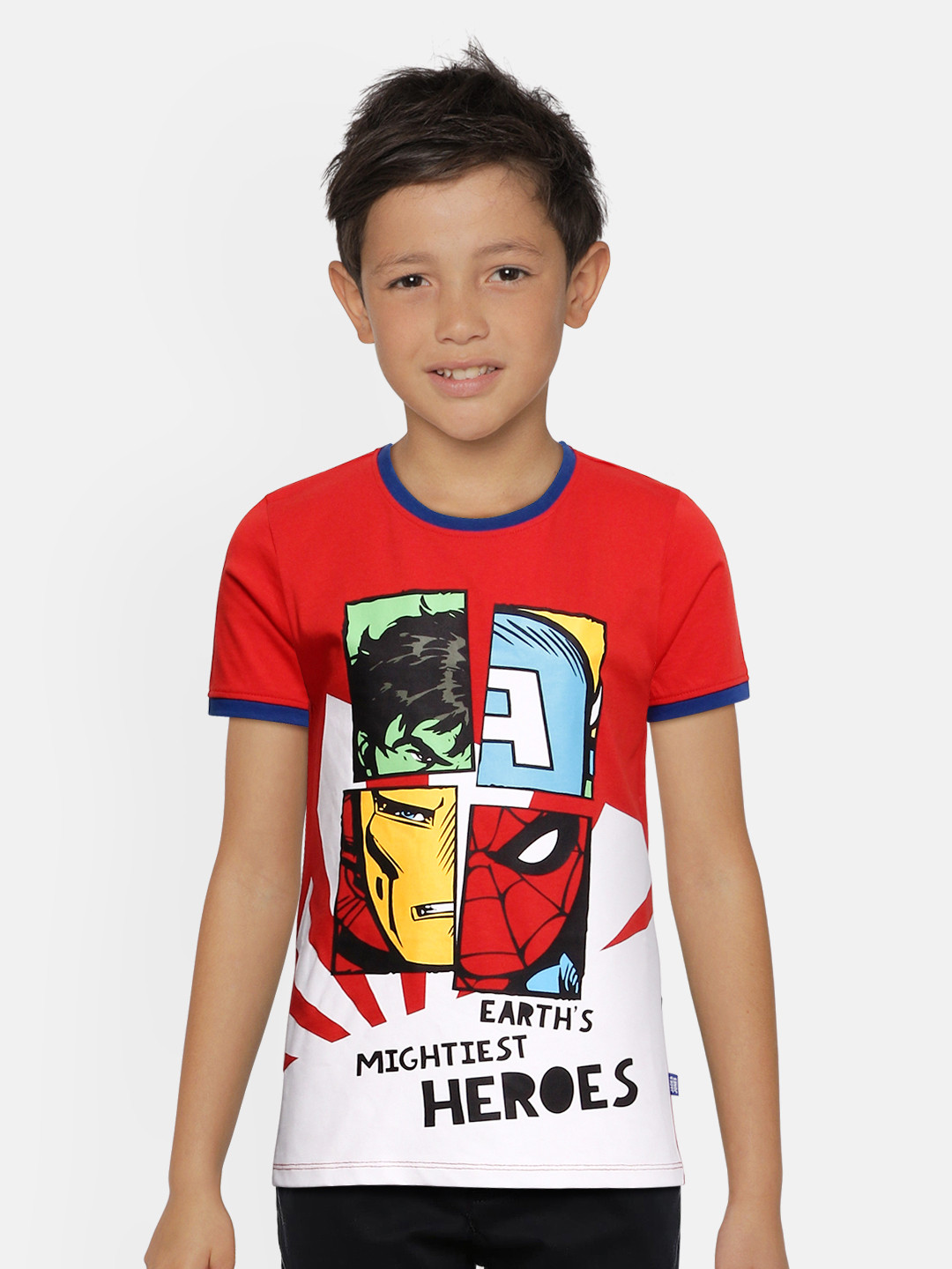 Buy Jack Jones Boys Red Marvel Superheroes Printed Round Neck Pure ...