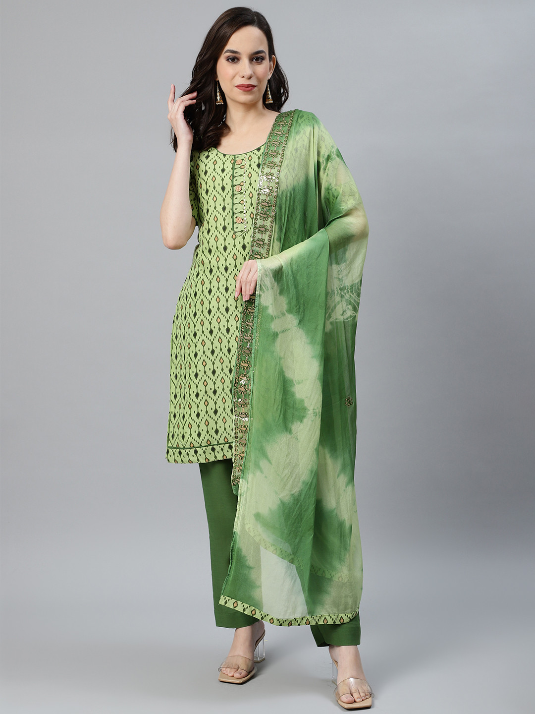 Buy Chhabra 555 Women Green & Golden Printed Made To Measure Kurta With ...