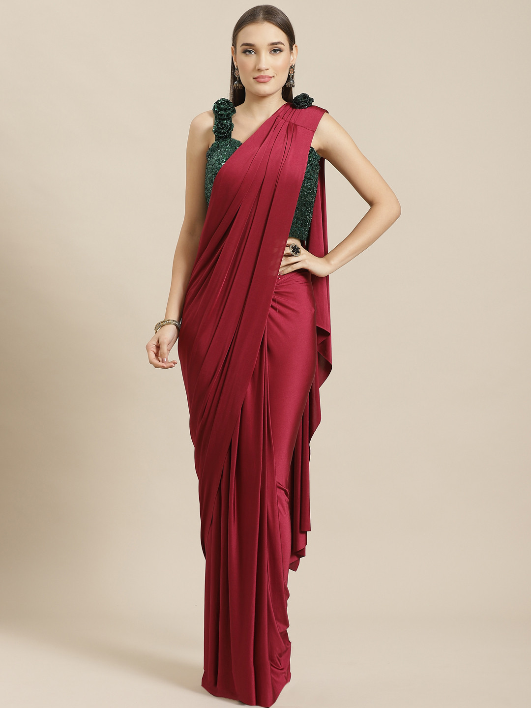 Buy Chhabra 555 Maroon Solid Ready To Wear Saree - Sarees for Women ...