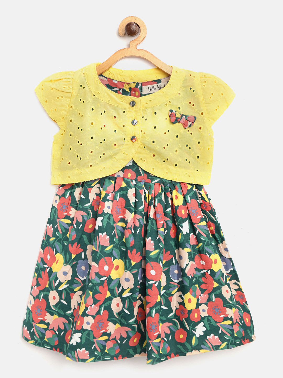 Buy Bella Moda Girls Green & Coral Red Floral Print A Line Dress With ...