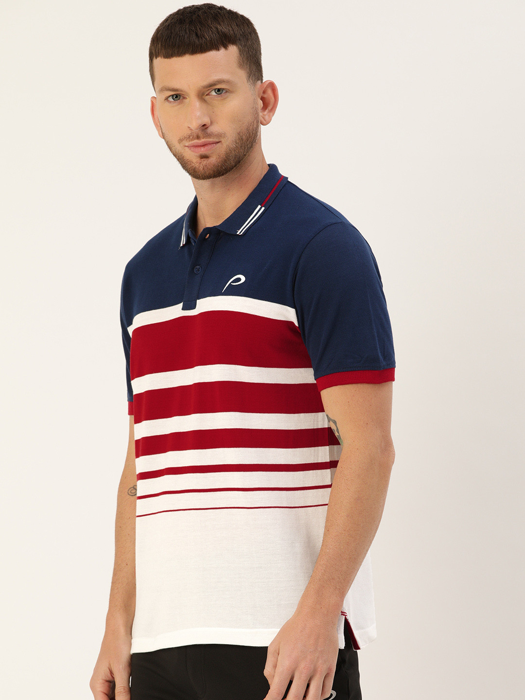 Buy Proline Active Men Navy Blue Maroon Striped Polo Collar Pure Cotton ...