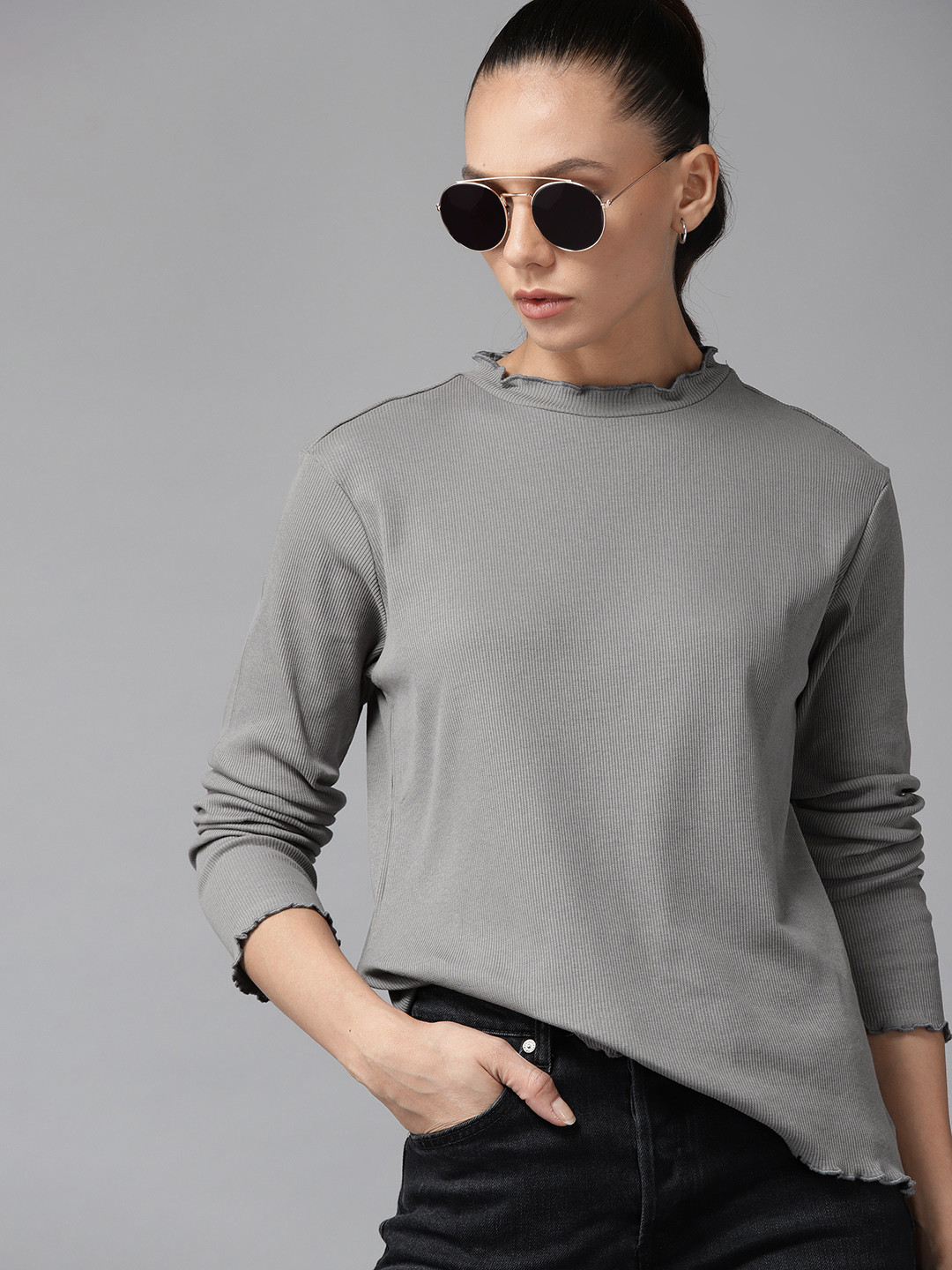 Buy Roadster Women Grey Solid Drop Shoulder High Neck Knitted Top ...