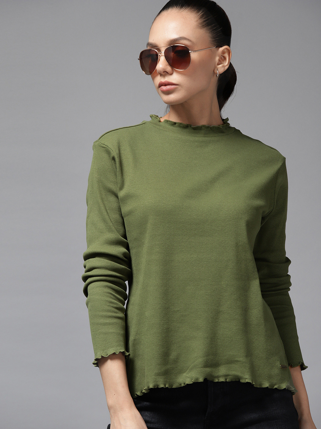 Buy Roadster Olive Green Solid Ruffled Neckline Top - Tops for Women ...