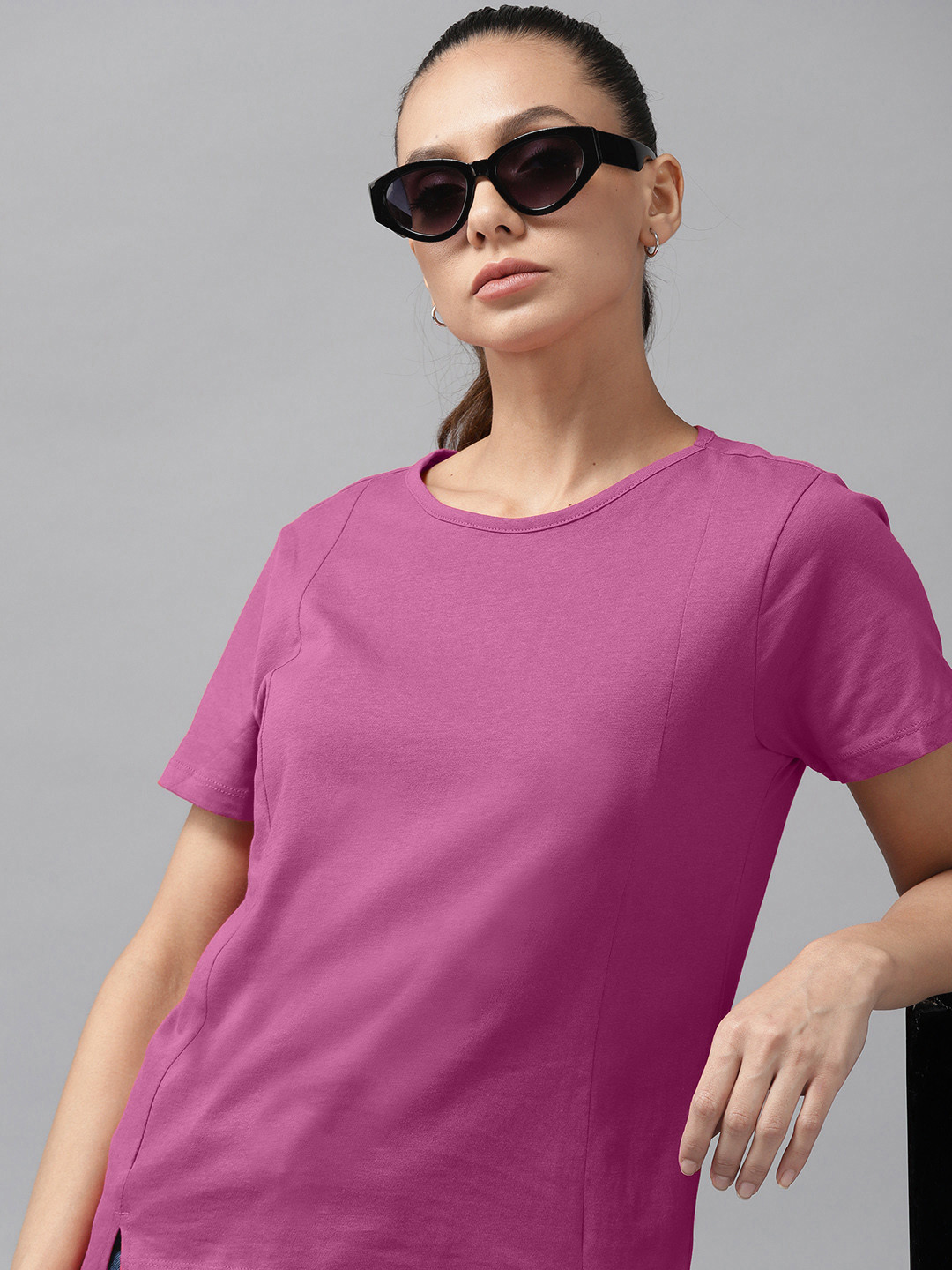 Buy Roadster Women Pink Solid Pure Cotton T Shirt - Tshirts for Women ...