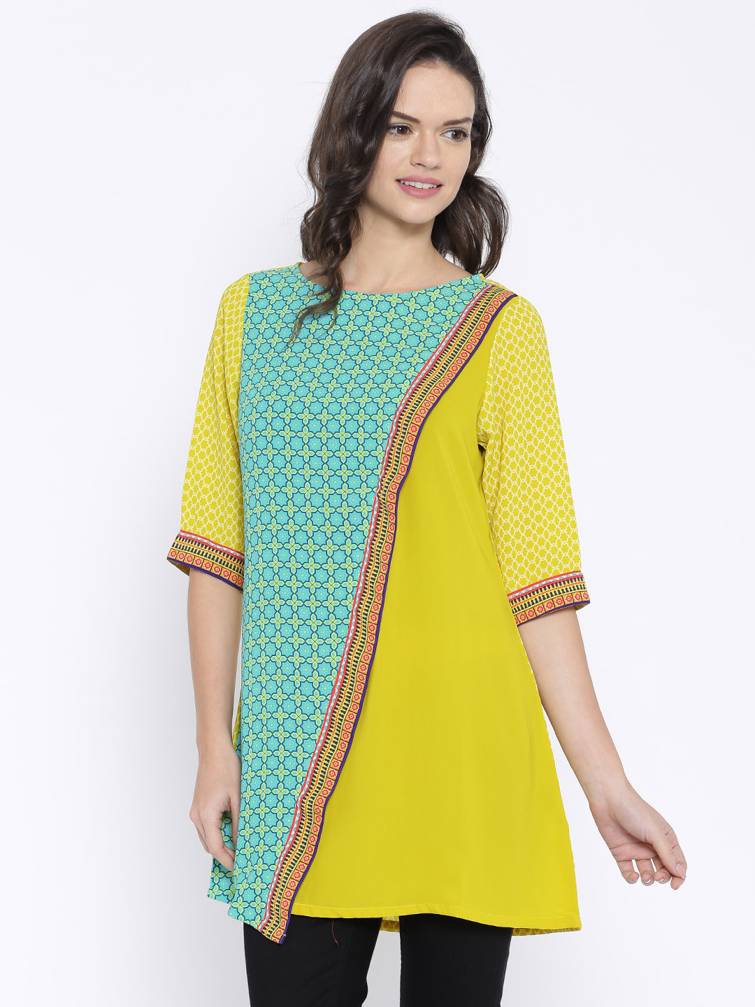 Buy Fusion Beats Yellow & Blue Printed Tunic - Tunics for Women 1355758 ...