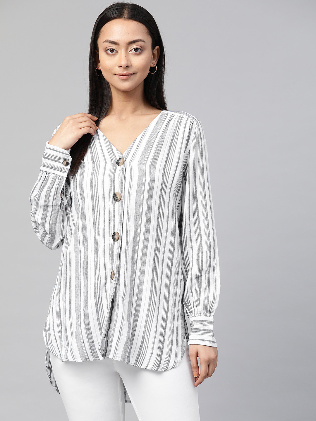 Buy Marks & Spencer Women White & Navy Blue Striped Easy To Iron High ...