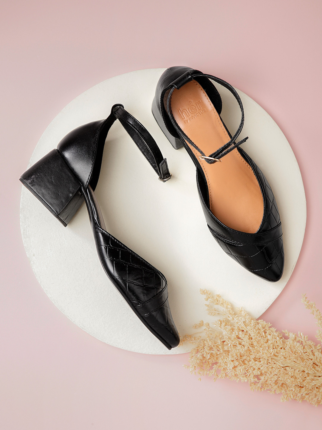 Buy Her By Invictus Women Black Croc Textured Mid Top Block Heels With ...