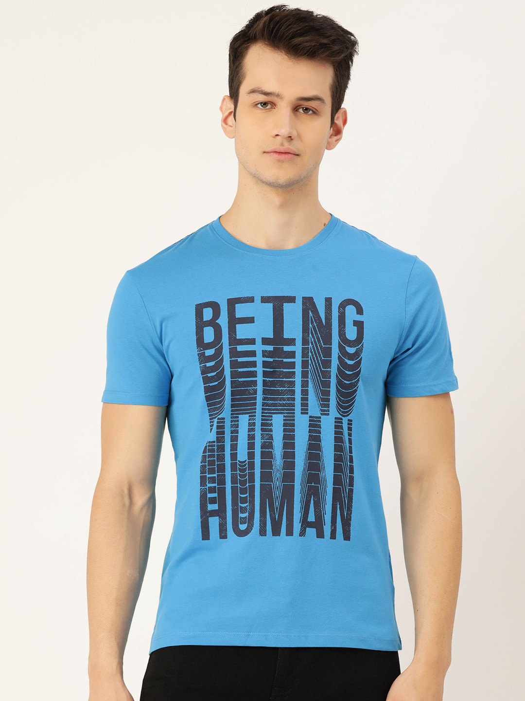 Buy Being Human Men Turquoise Blue Pure Cotton Brand Logo Printed T ...