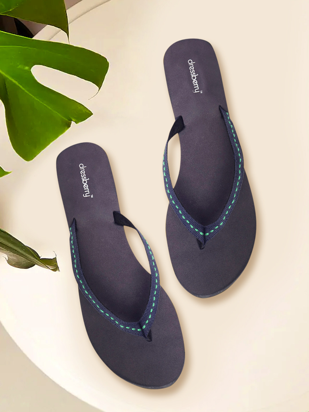 Buy DressBerry Women Navy Blue & Green Thread Work Heeled Thong Flip ...