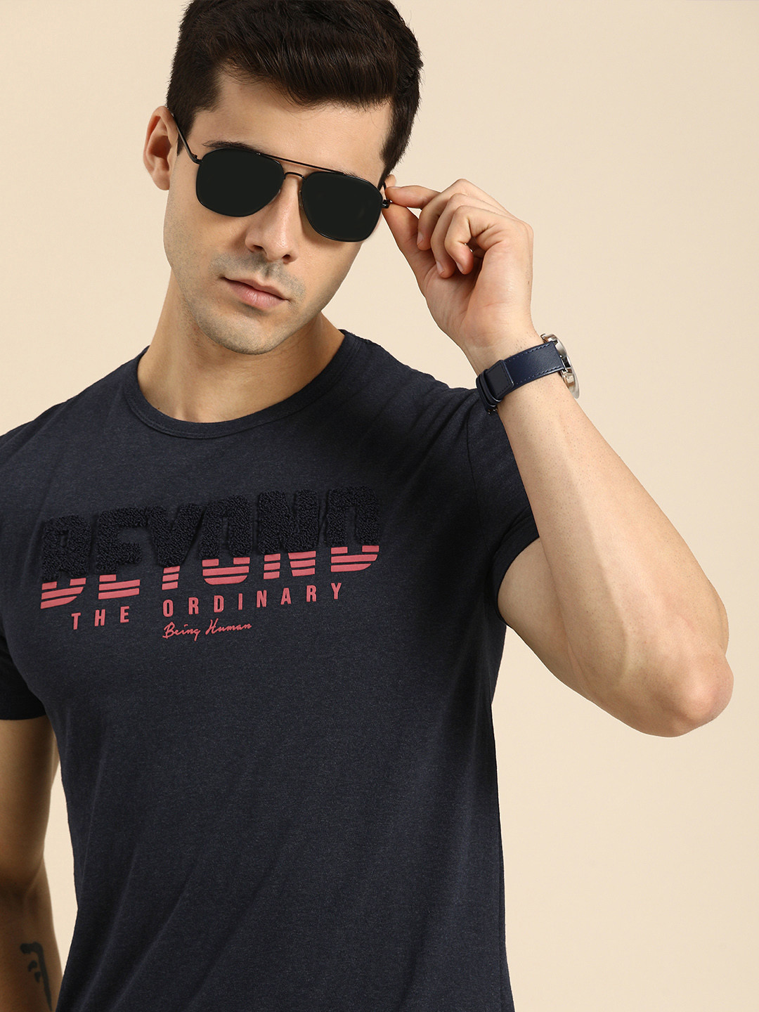 Buy Being Human Men Navy Blue & Black Printed Applique T Shirt ...