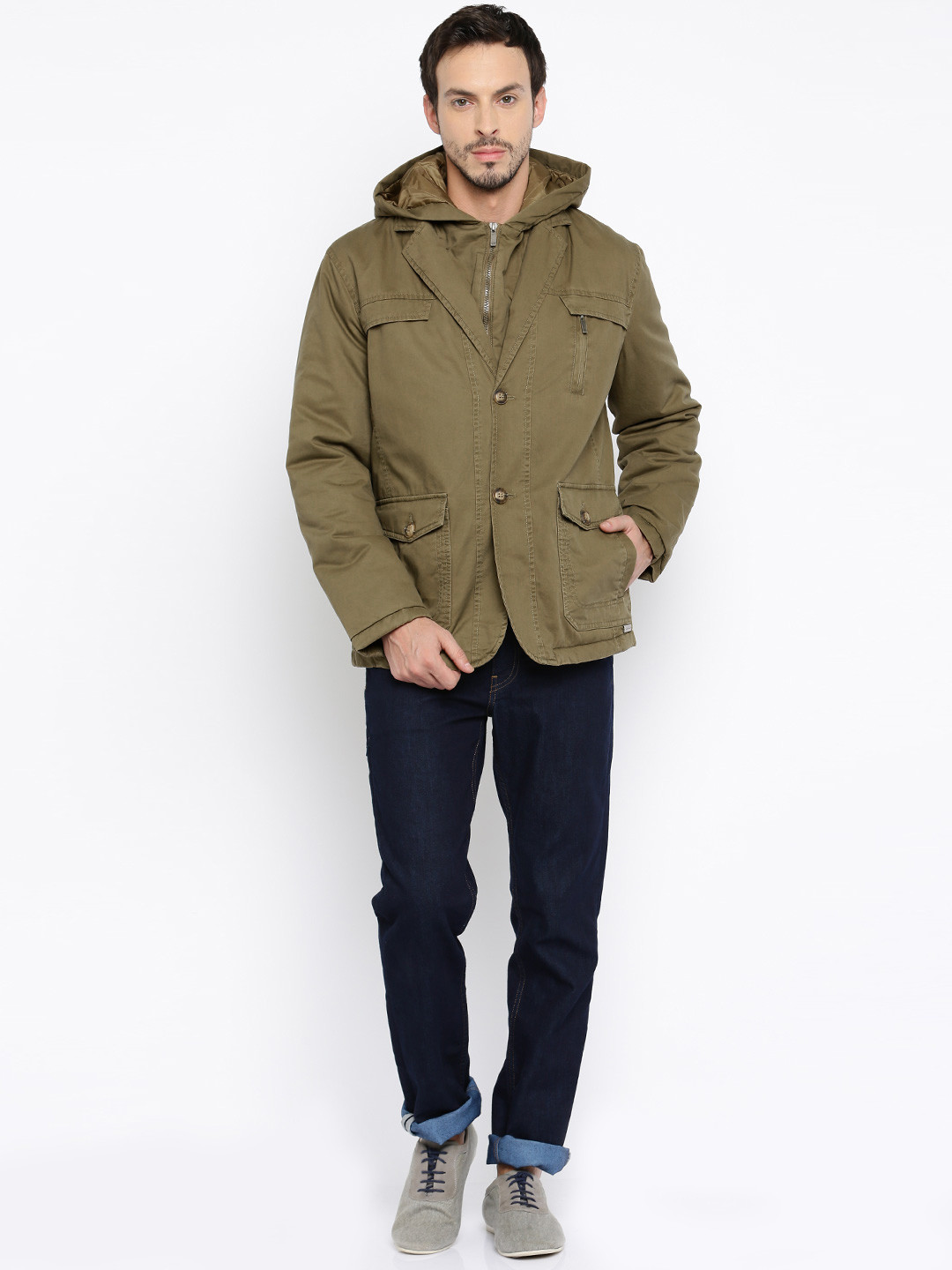 Buy Mast & Harbour Khaki Padded Jacket With Detachable Hood - Jackets ...