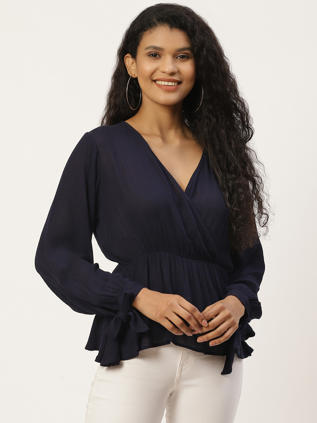 Buy Trend Arrest Navy Blue Puff Sleeves Wrap Top - Tops for Women ...
