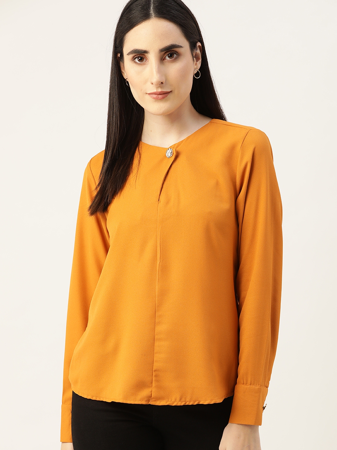 Buy Chemistry Mustard Yellow Solid Keyhole Neck Regular Top Tops For