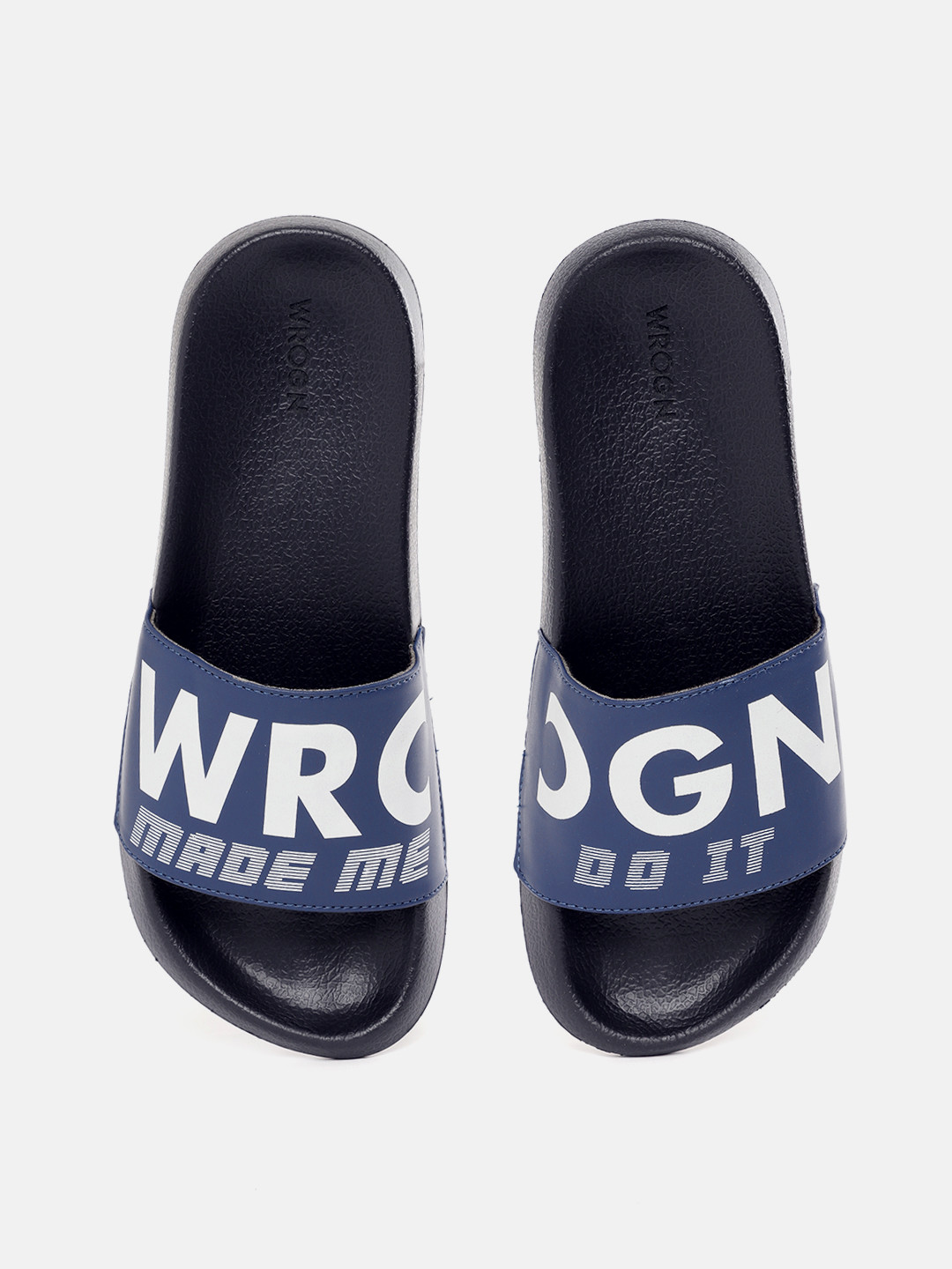 Buy WROGN Men Navy Blue & White Printed Sliders - Flip Flops for Men ...