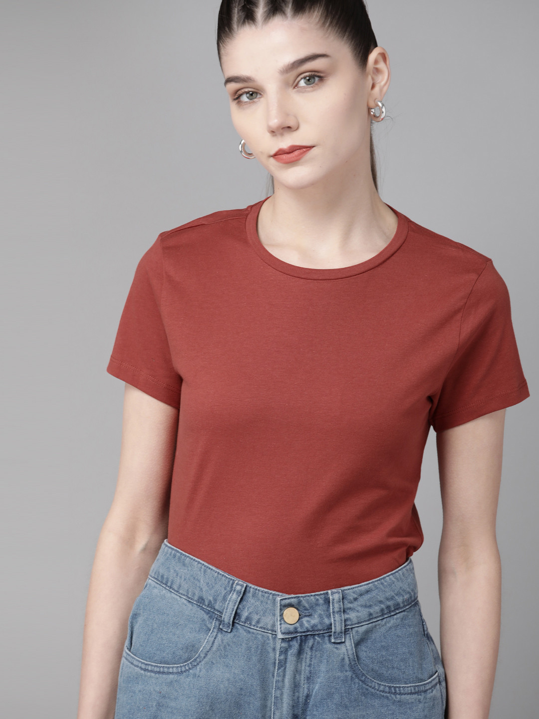 Buy The Roadster Lifestyle Co Women Rust Orang Cotton Solid Round Neck ...