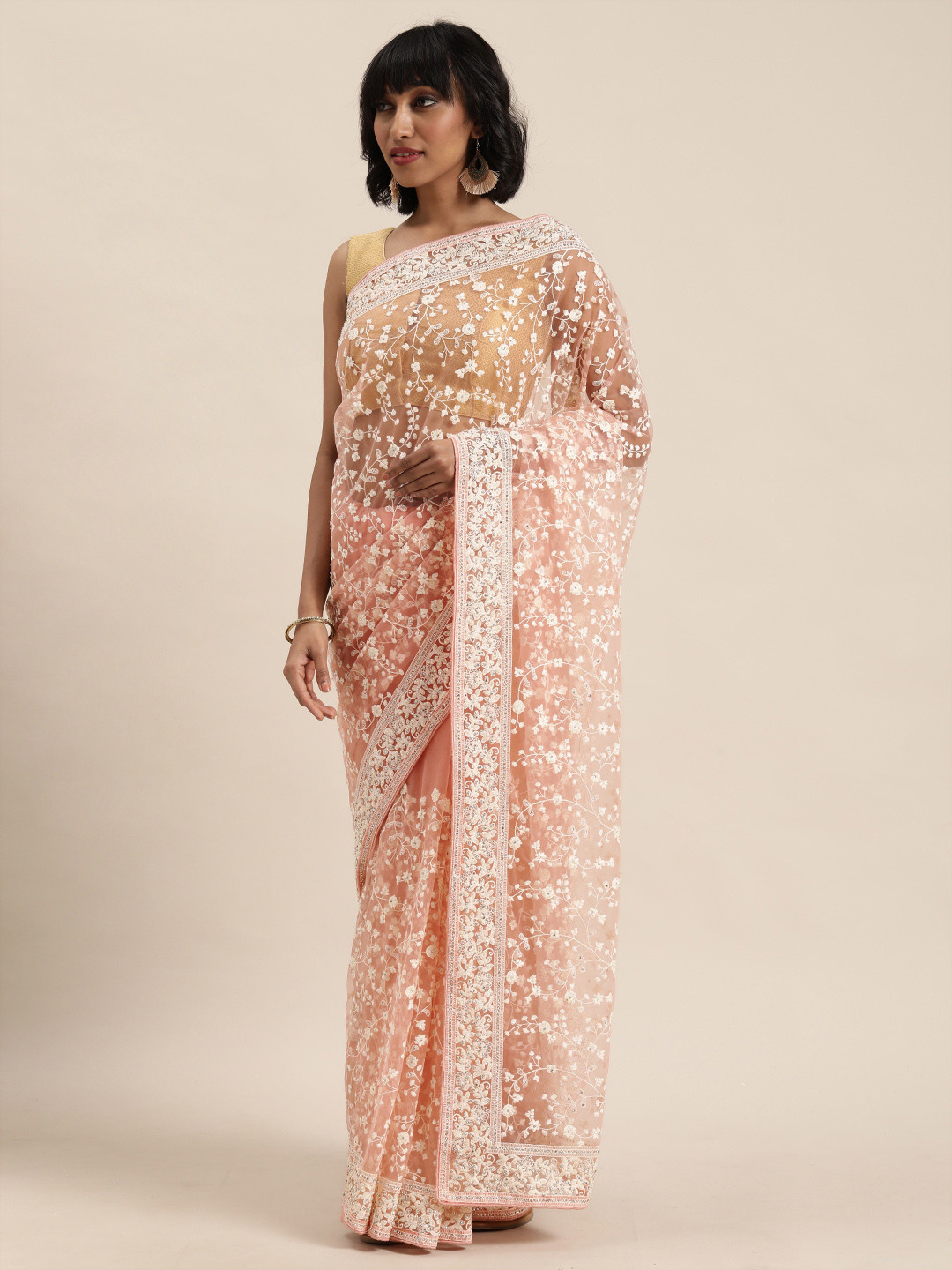 Buy MOHEY Peach Coloured Embroidered Net Celebrity Saree - Sarees for ...