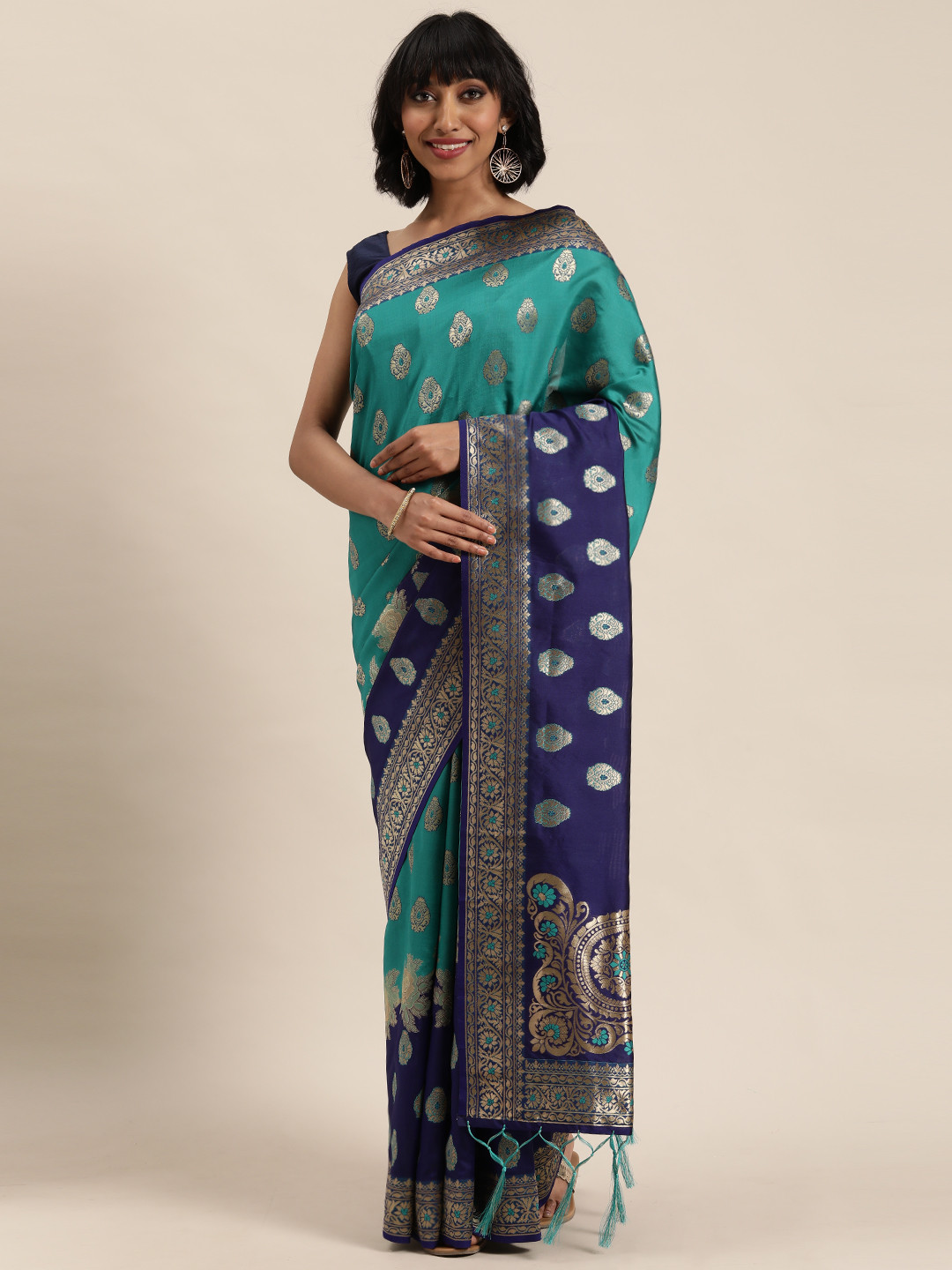 Buy MOHEY Green & Blue Woven Design Saree - Sarees for Women 13606486 ...