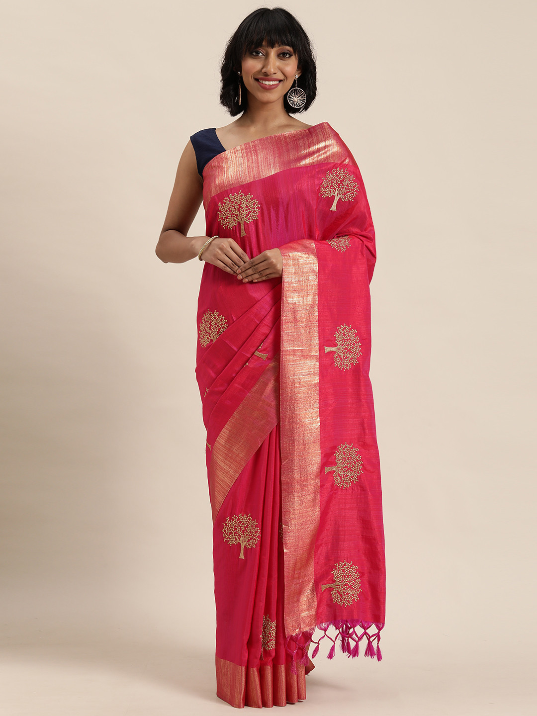 Buy MOHEY Pink & Gold Toned Embroidered Saree - Sarees for Women ...