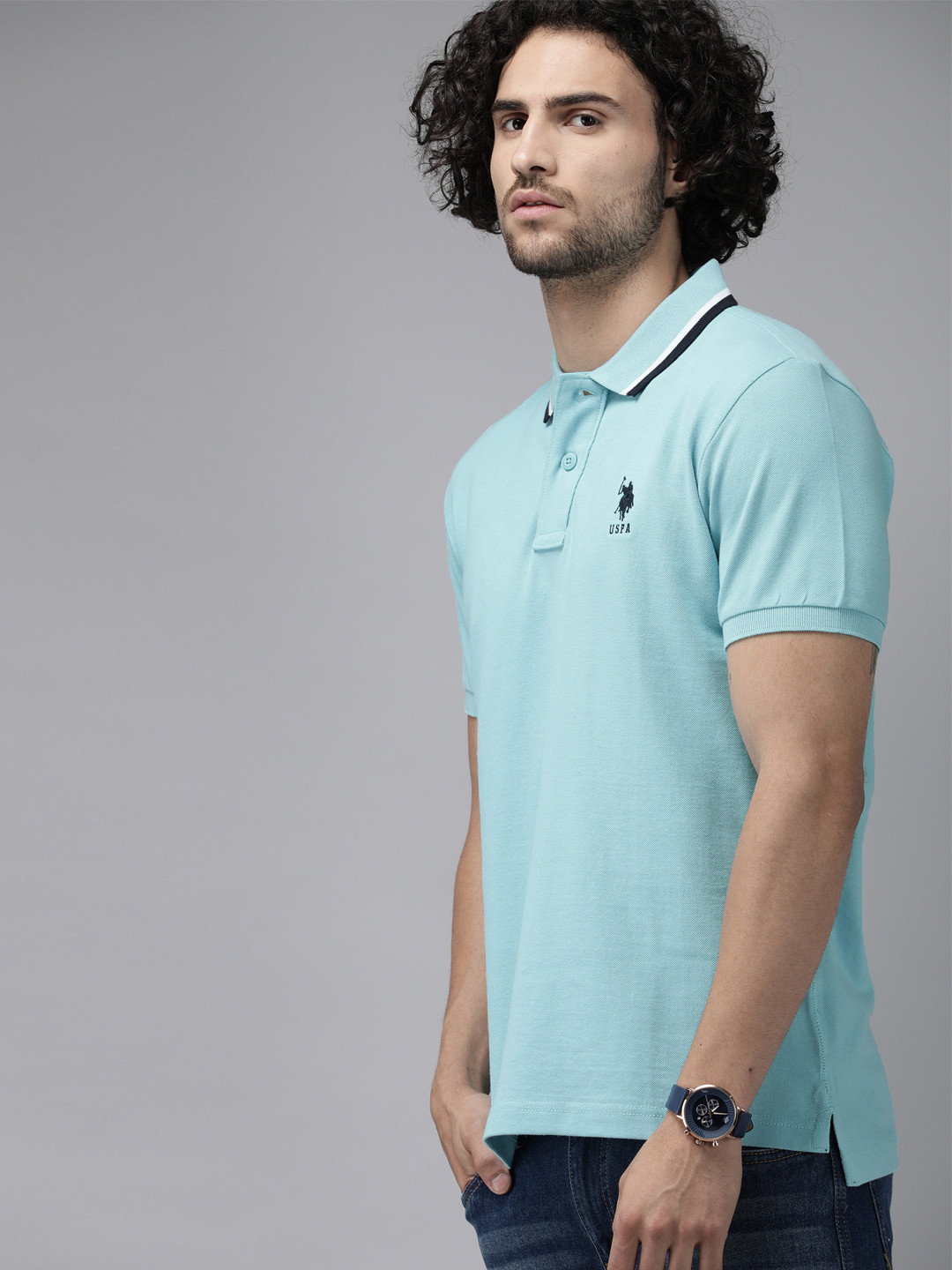 Buy U.S. Polo Assn. Men Turquoise Blue Pure Cotton Solid Polo Collar ...