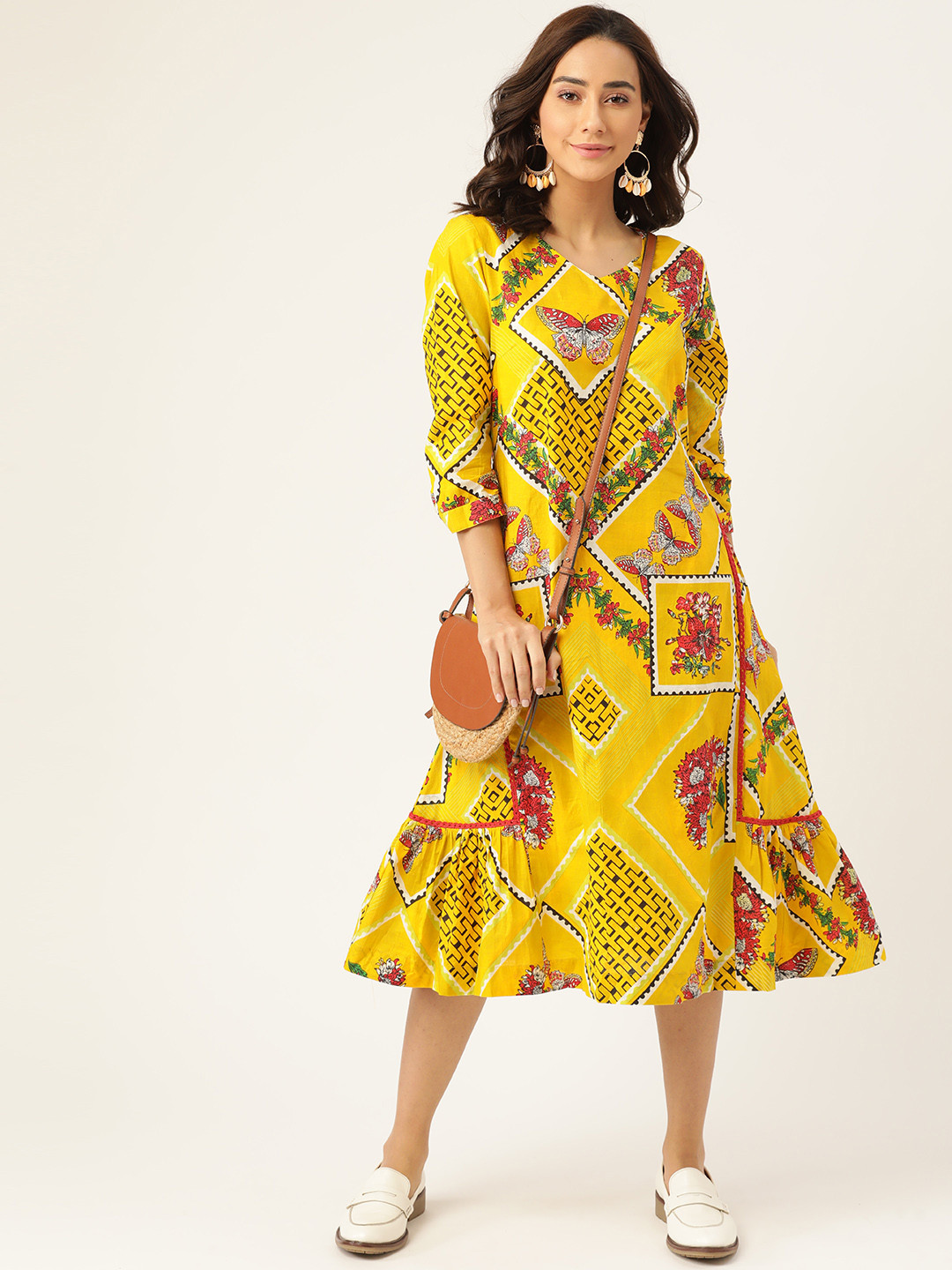Buy Sangria Wpmen Yellow & Red Pure Cotton Printed A Line Midi Dress ...