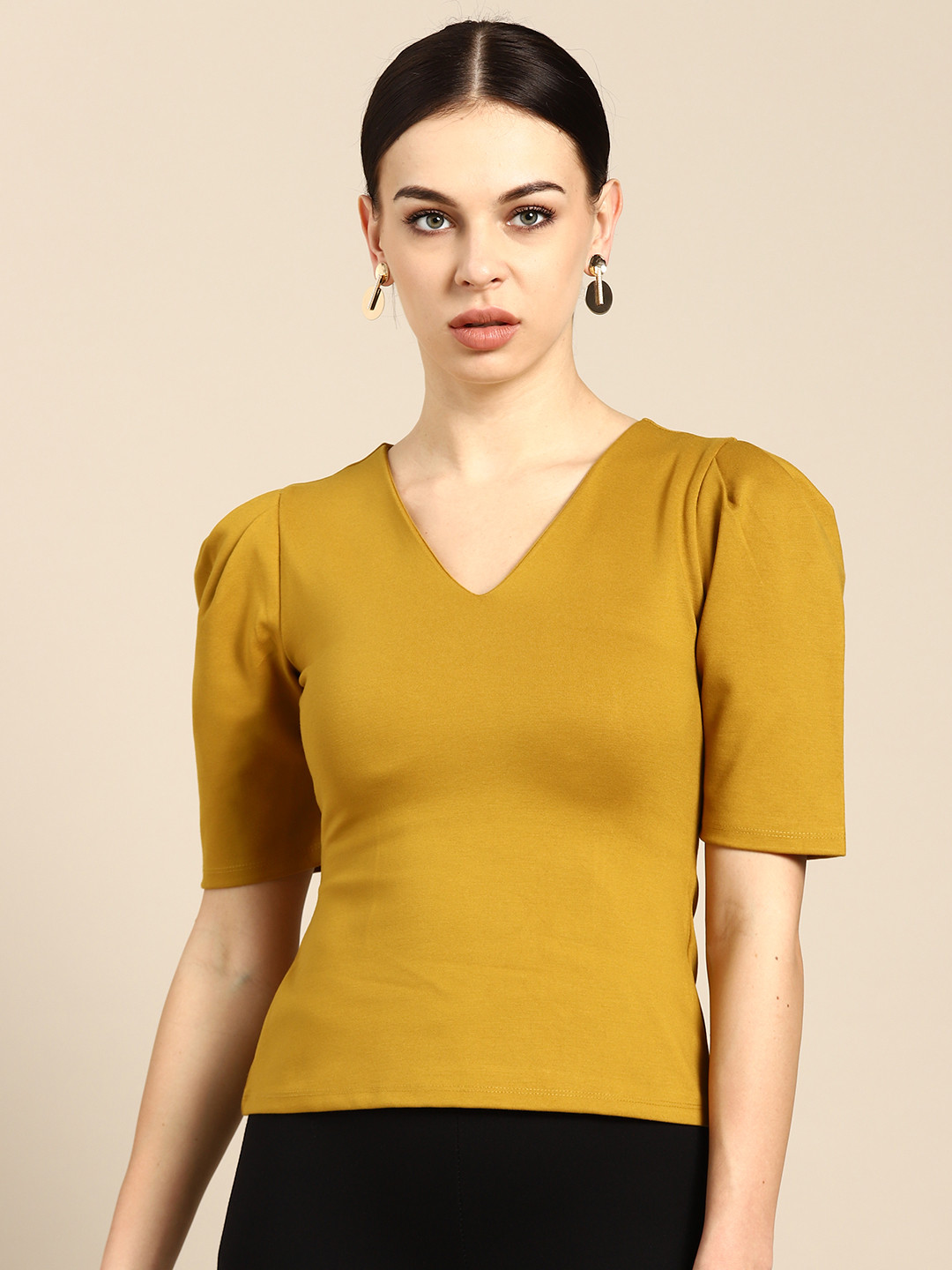 Buy COVER STORY Mustard Yellow Puff Sleeves Top - Tops for Women ...