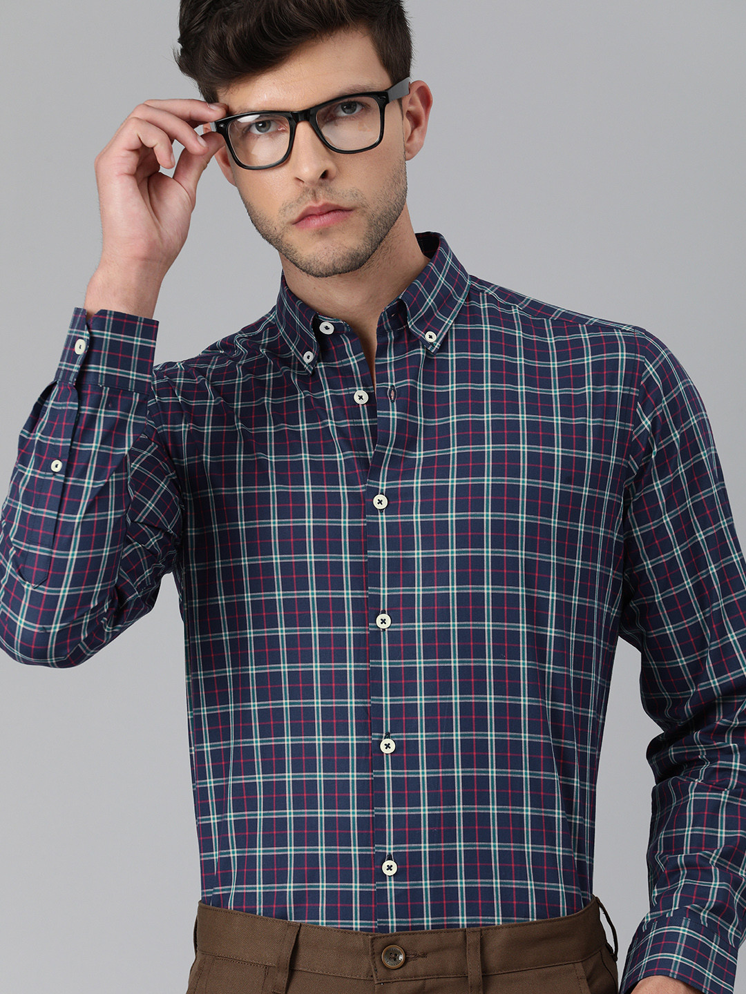 Buy THE BEAR HOUSE Men Blue & Red Slim Fit Checked Giza Cotton Formal ...