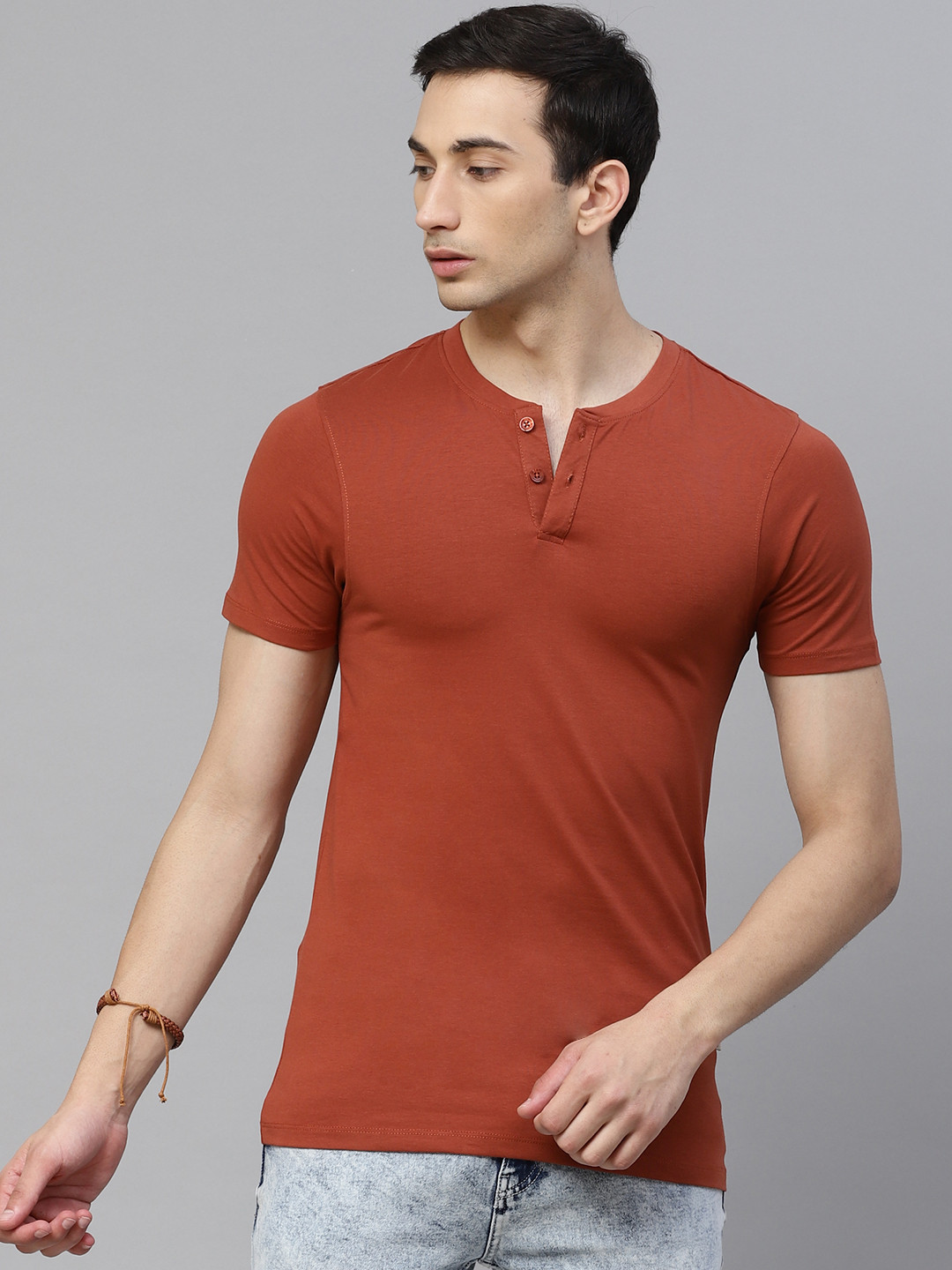 Buy The Roadster Lifestyle Co Men Rust Solid Henley Neck T Shirt ...