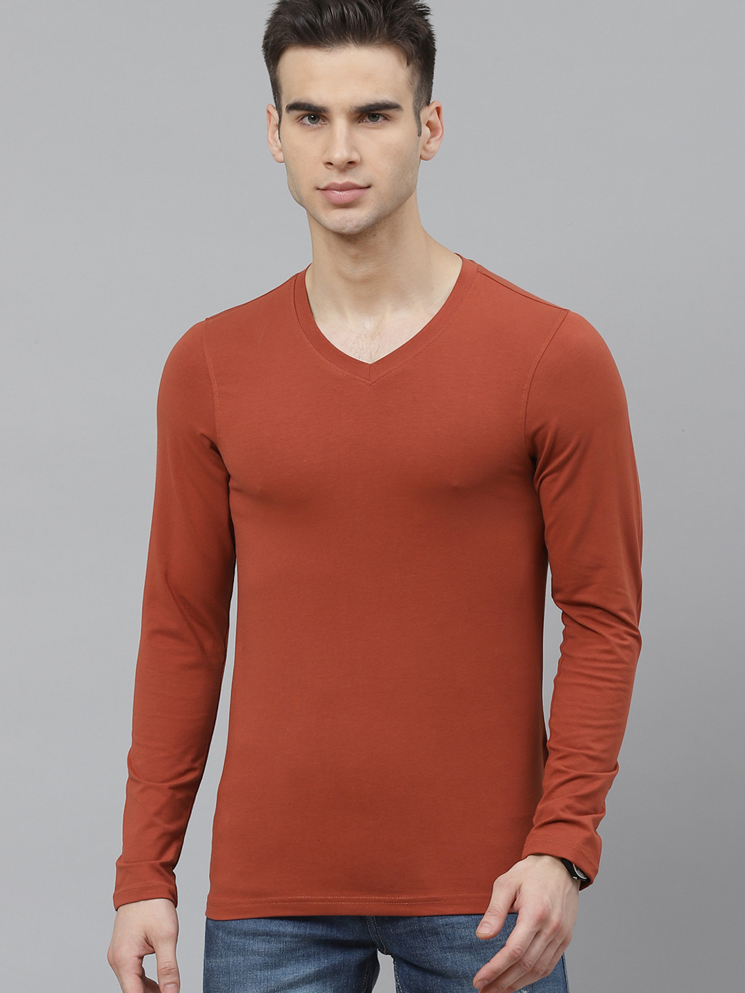 Buy The Roadster Lifestyle Co Men Rust Brown Solid V Neck T Shirt ...