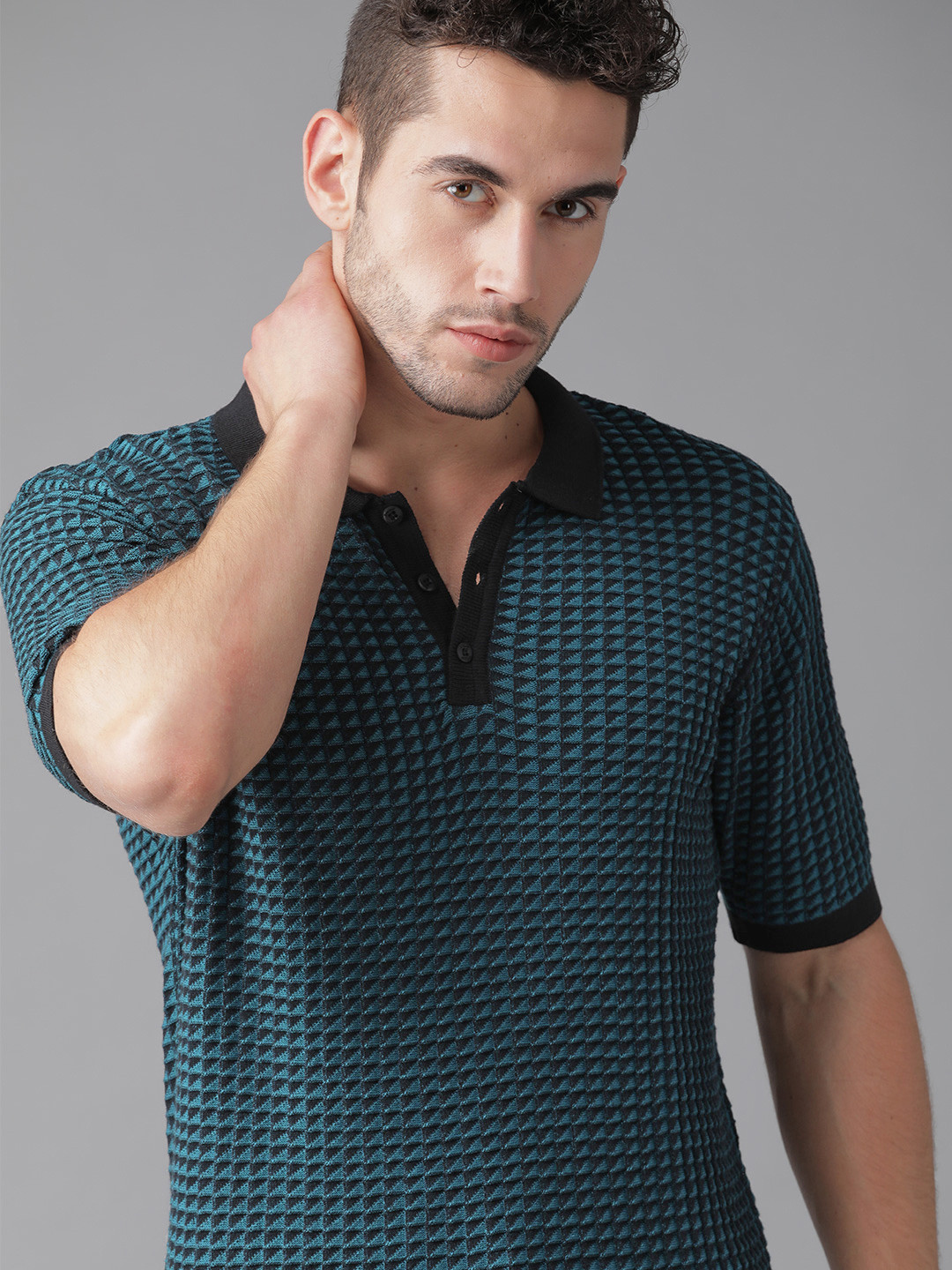 Buy The Roadster Lifestyle Co Men Teal Blue & Black Pure Cotton Self ...