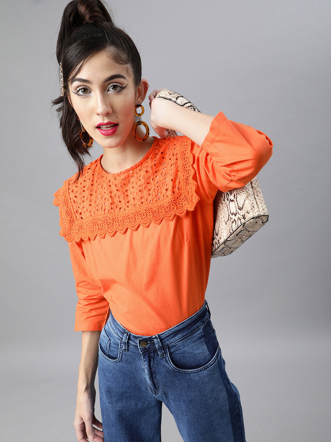 Buy PlusS Orange Pure Cotton Schiffli Laced Regular Top - Tops for ...