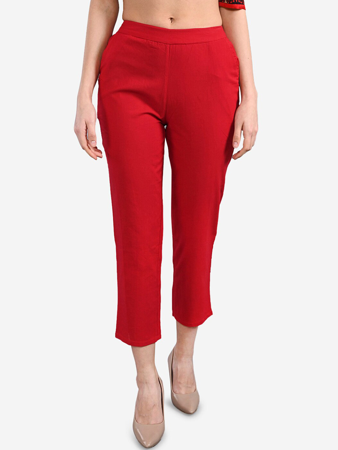 Buy Be Indi Women Red Straight Fit Solid Cropped Regular Trousers ...