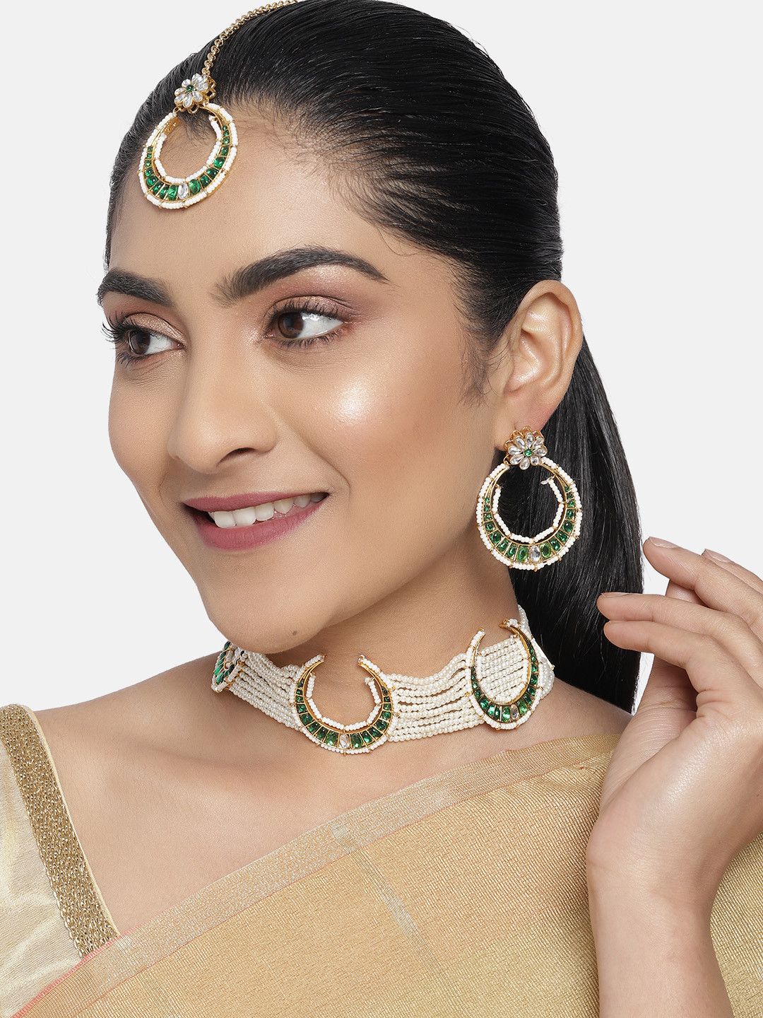 Buy Zaveri Pearls White & Green Gold Plated Studded Pearl Jewellery Set ...