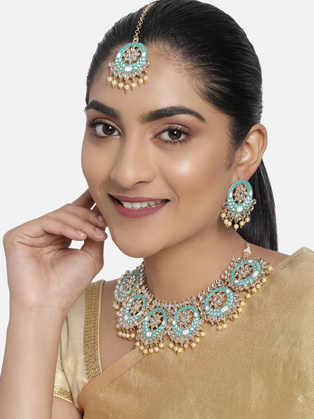 Buy Zaveri Pearls Green & Gold Plated Meenakari Jewellery Set ...
