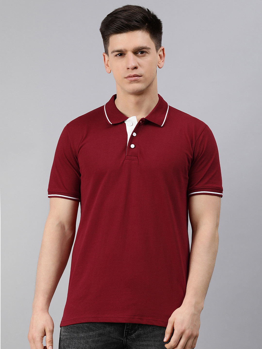 Buy UNSULLY Men Maroon Solid Polo Collar Pure Cotton T Shirt - Tshirts ...