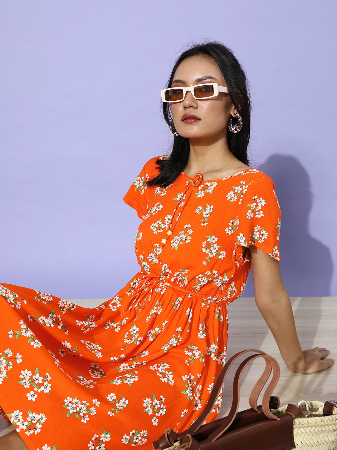 Buy Dressberry Women Bright Orange Floral Cinched Waist Dress Dresses
