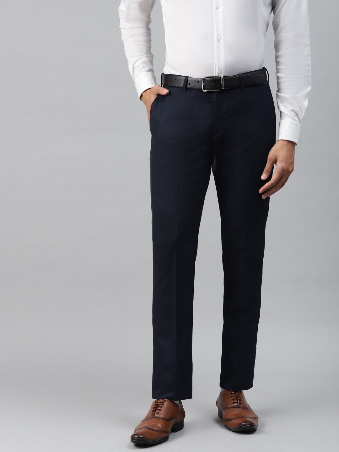 Buy Blackberrys Men Navy Blue Tapered Fit Self Design Formal Trousers ...