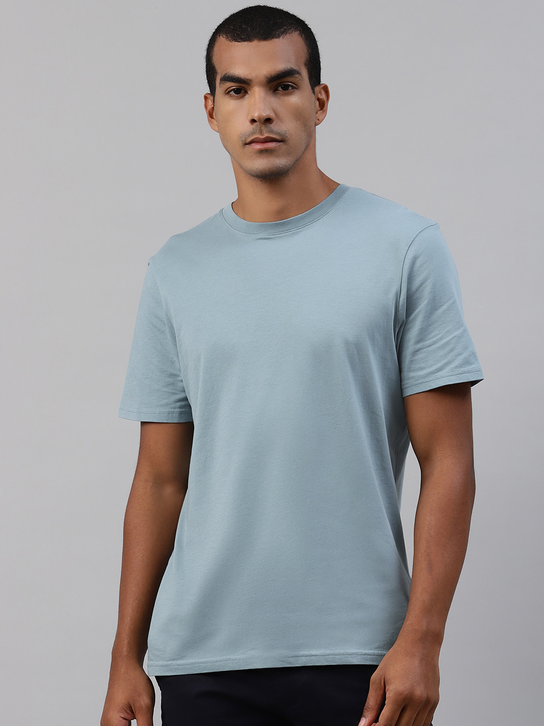 Buy Marks Spencer Men Blue Pure Cotton Solid Round Neck Pure Cotton T ...