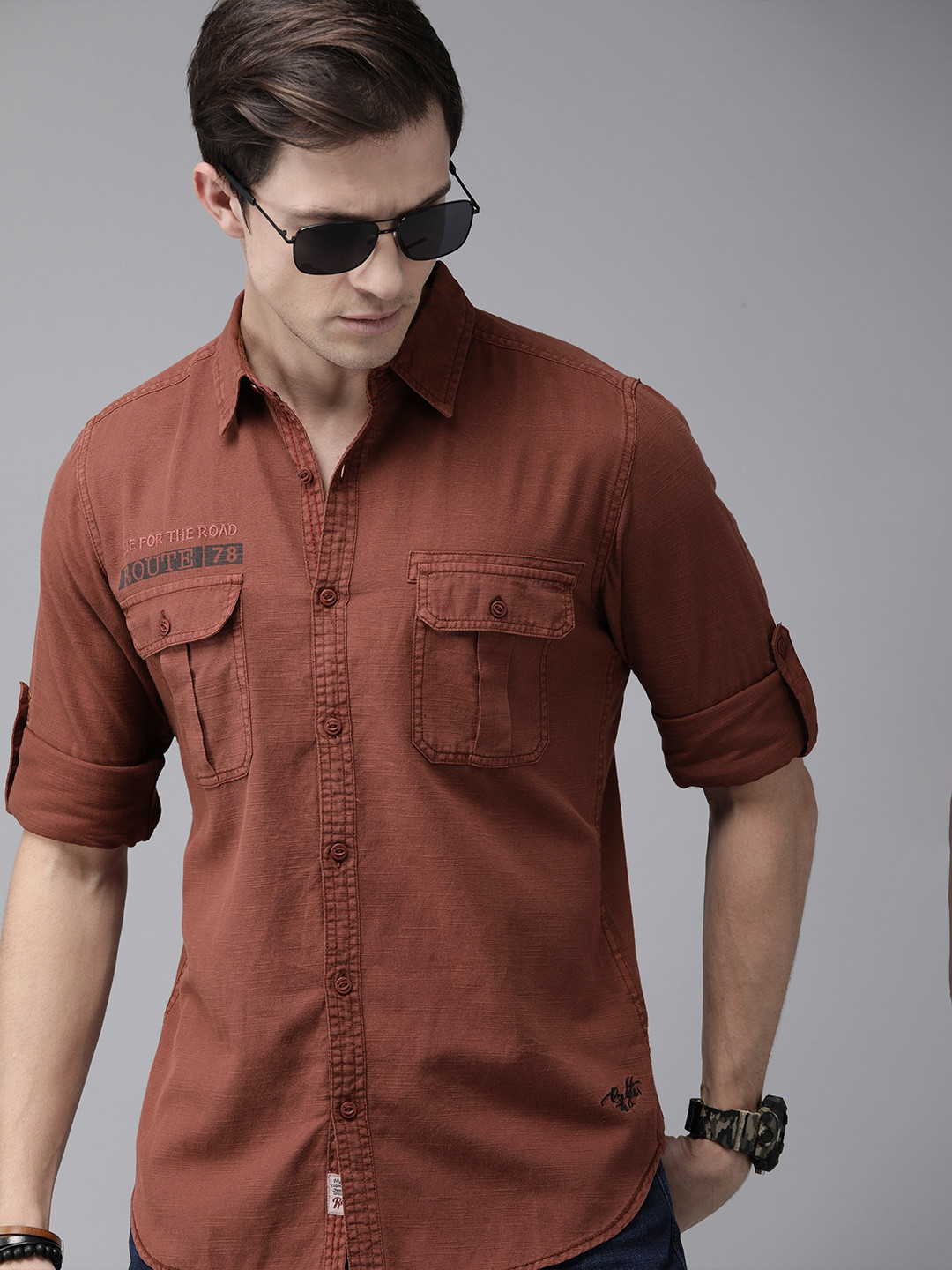 Buy The Roadster Lifestyle Co Men Rust Red Pure Cotton Regular Fit ...