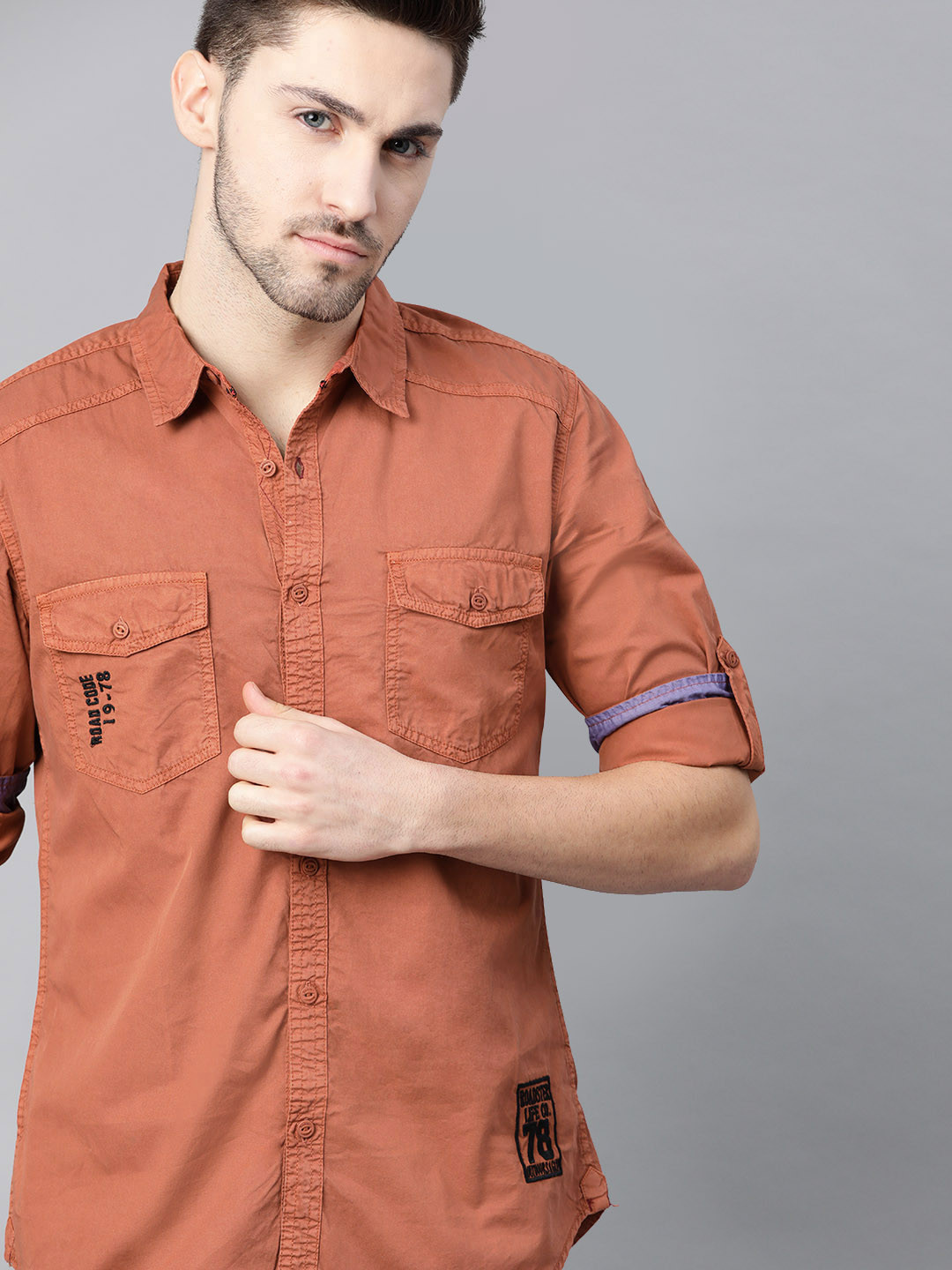 Buy The Roadster Lifestyle Co Men Rust Orange Cotton Solid Casual Shirt ...