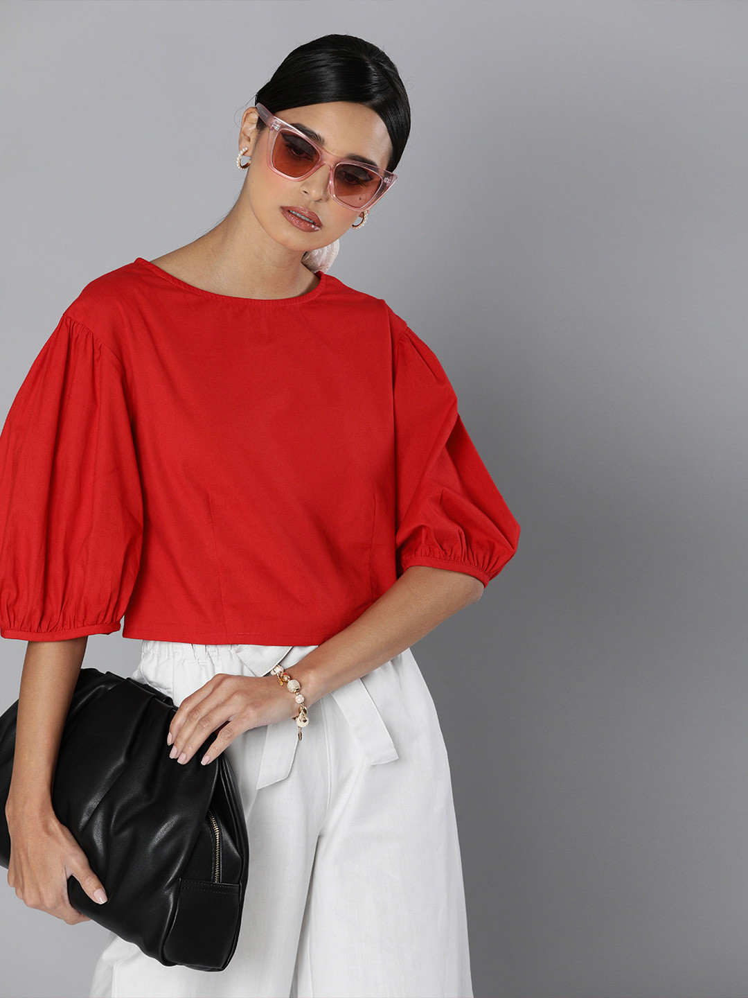 Buy SASSAFRAS Red Balloon Sleeves Crop Top - Tops for Women 13668988 ...