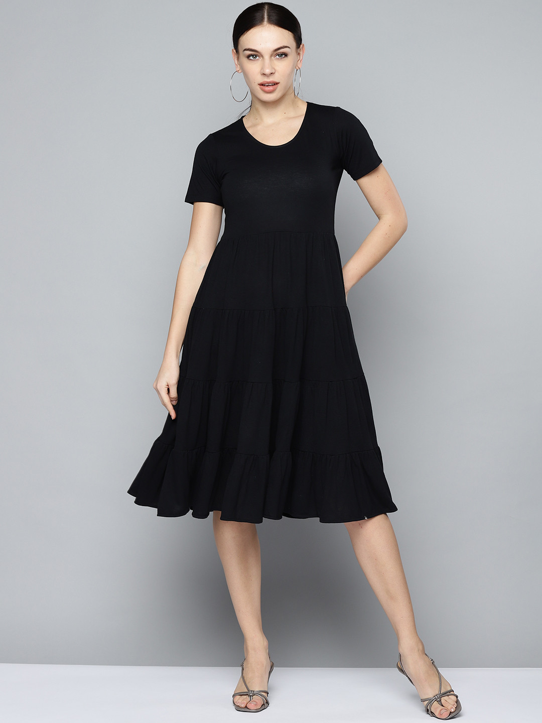 Buy Femella Women Black Solid Tiered Fit And Flare Dress - Dresses for ...