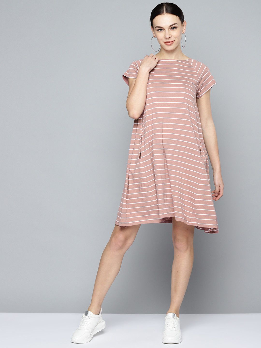 Buy FEMMELLA Women Pink & White Striped A Line Dress - Dresses for ...