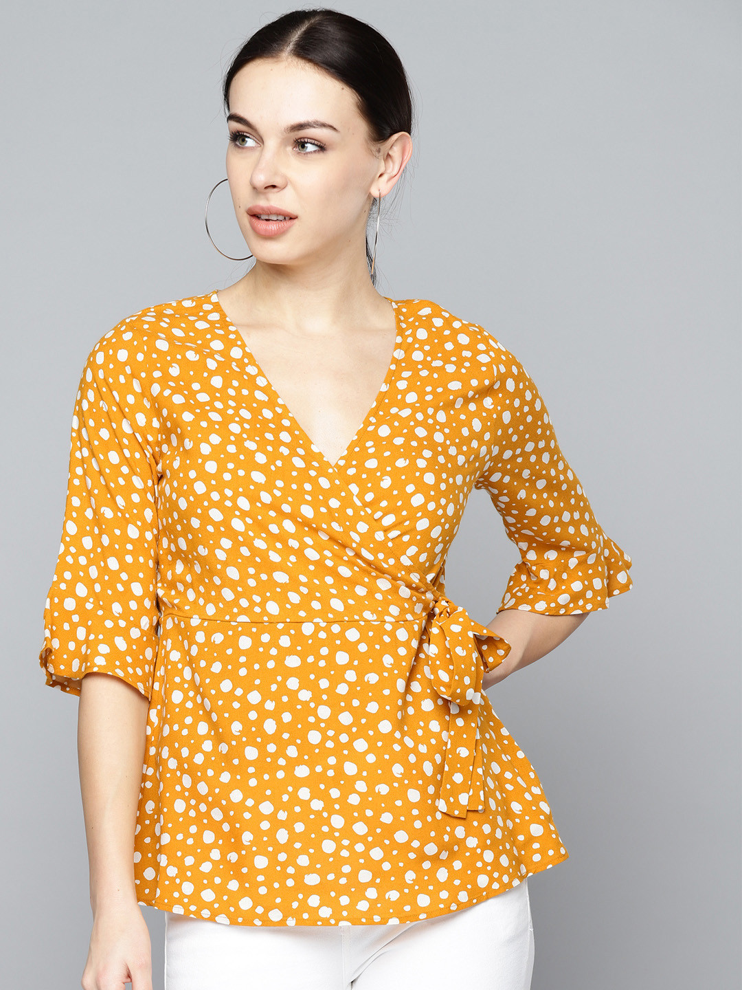 Buy Femella Women Mustard Yellow & White Geometric Printed Bell Sleeves ...