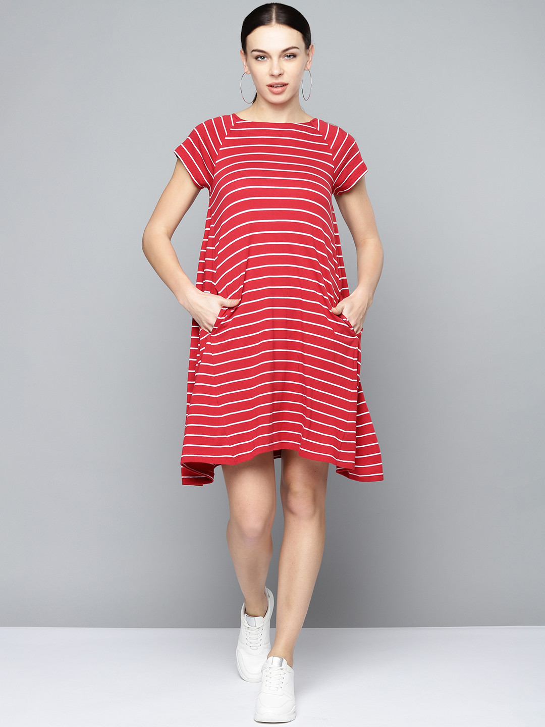 Buy Femella Women Red & White Striped A Line Dress - Dresses for Women ...