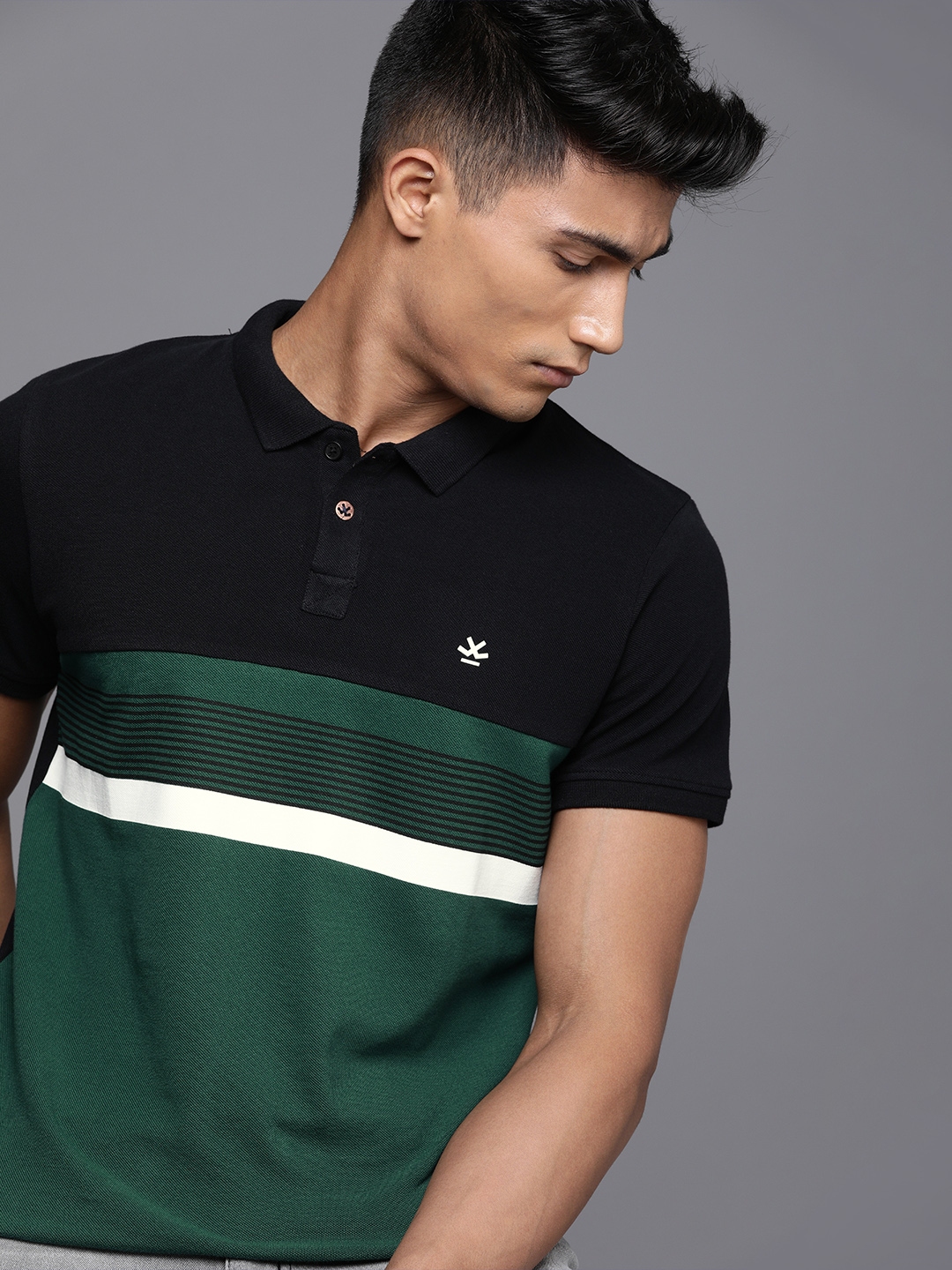 Buy Wrogn Men Green And White Pure Cotton Slim Fit Striped Polo Collar T