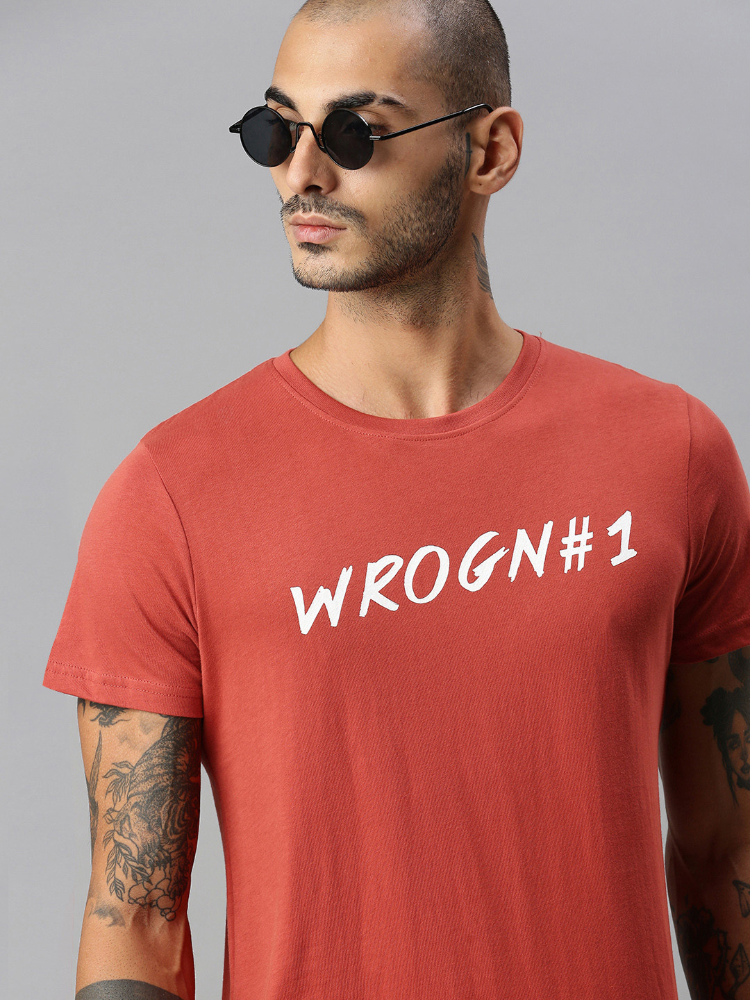 Buy WROGN Men Red White Brand Logo Printed Slim Fit Pure Cotton T Shirt ...